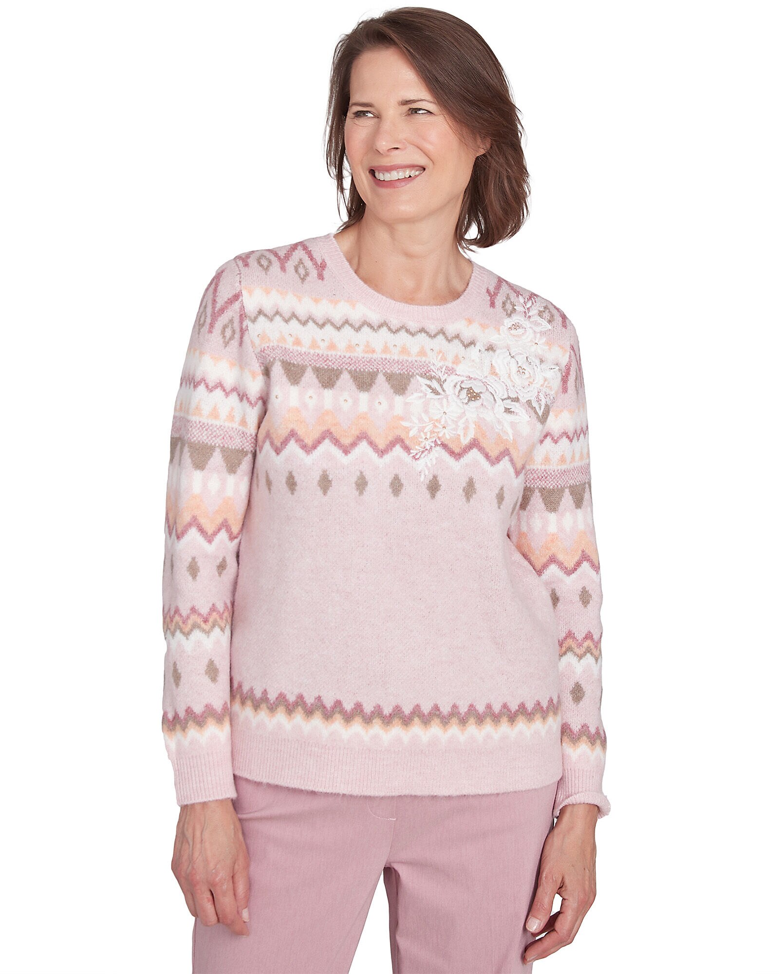 Alfred Dunner Telluride Floral Embroidered Fairisle Sweater